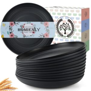 homienly deep dinner plates set of 12 alternative for plastic plates microwave and dishwasher safe wheat straw plates for kitchen unbreakable kids plates (black, 9 inch)