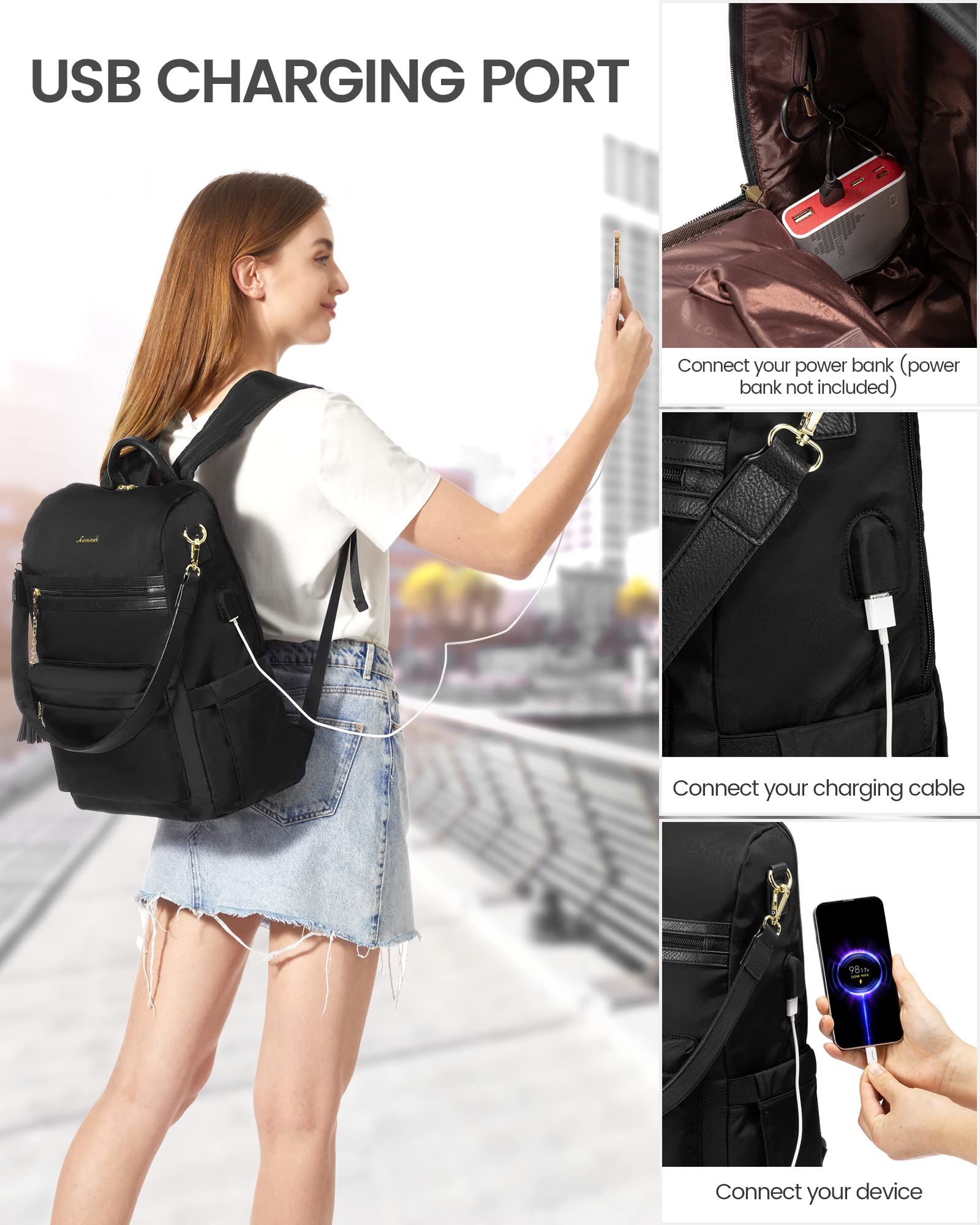 LOVEVOOK Laptop Backpack Women,15.6 Inch Convertible Backpack Purse for Women with USB Port,Fashion Teacher Nurse Bag Work Backpack with Cute Wristlet Bag for Travel Commute,Black