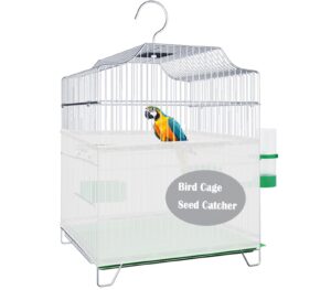 lwfcoee bird cage seed catcher, birdcage skirt guard, adjustable soft nylon mesh bird cage netting cover for round square medium bird cages circumference 40-60 inch, white