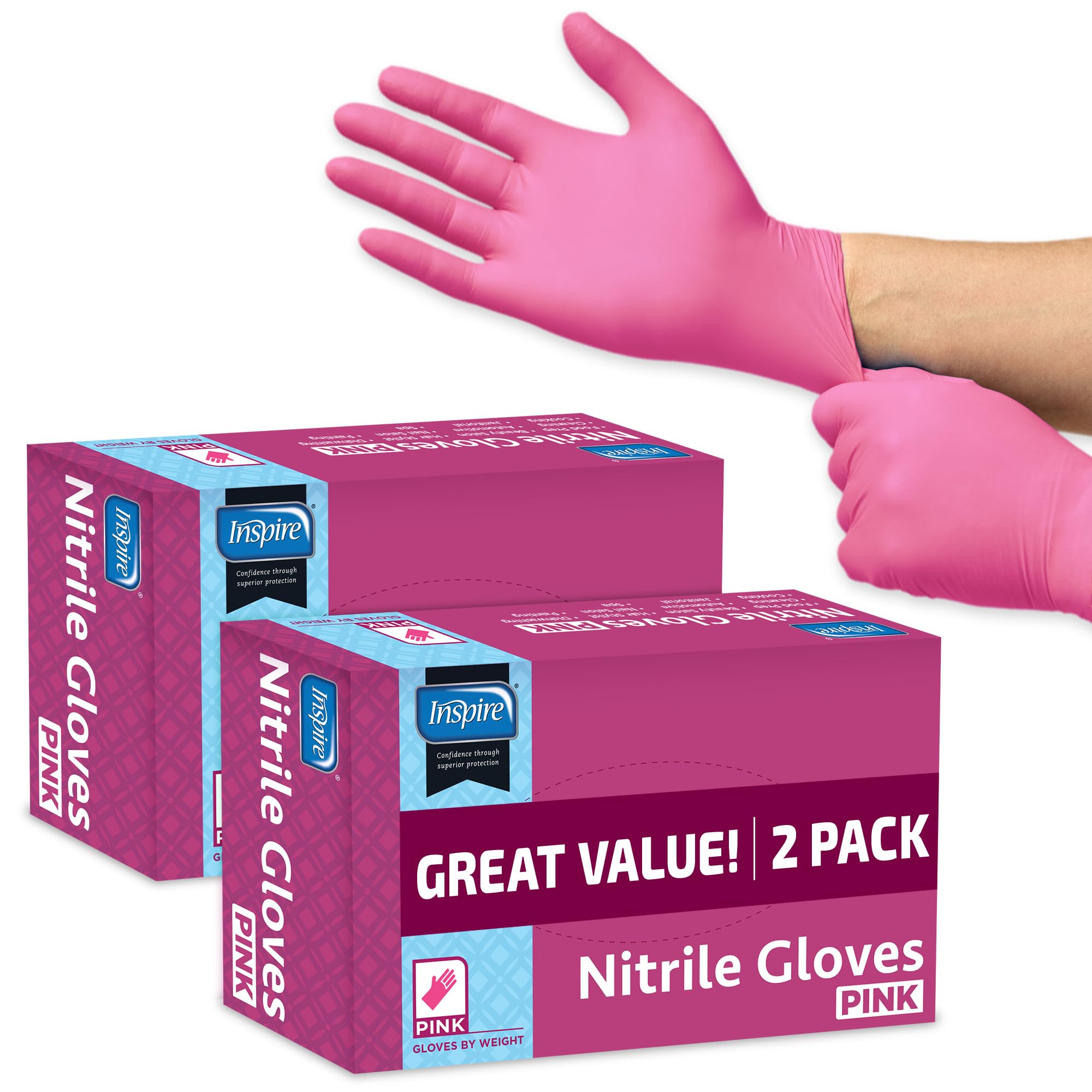 Inspire Pink Gloves Disposable Latex Free 2 Pack Value | Nitrile Pink Gloves Nail Salon and Hair Dye Gloves | Esthetician Nitrile Disposable Gloves | Nitrile gloves Small