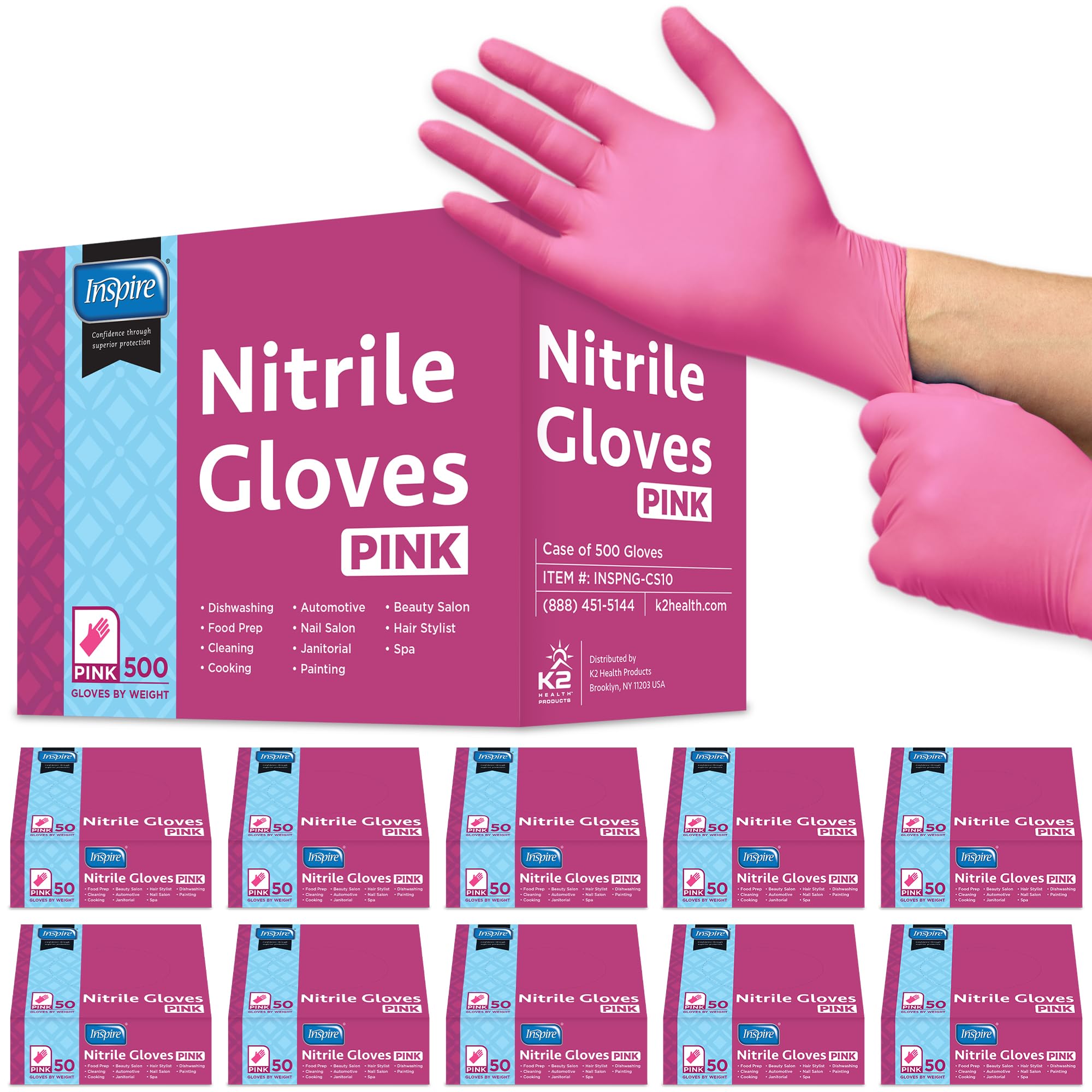 Inspire Pink Gloves Disposable Latex Free 2 Pack Value | Nitrile Pink Gloves Nail Salon and Hair Dye Gloves | Esthetician Nitrile Disposable Gloves | Nitrile gloves Small