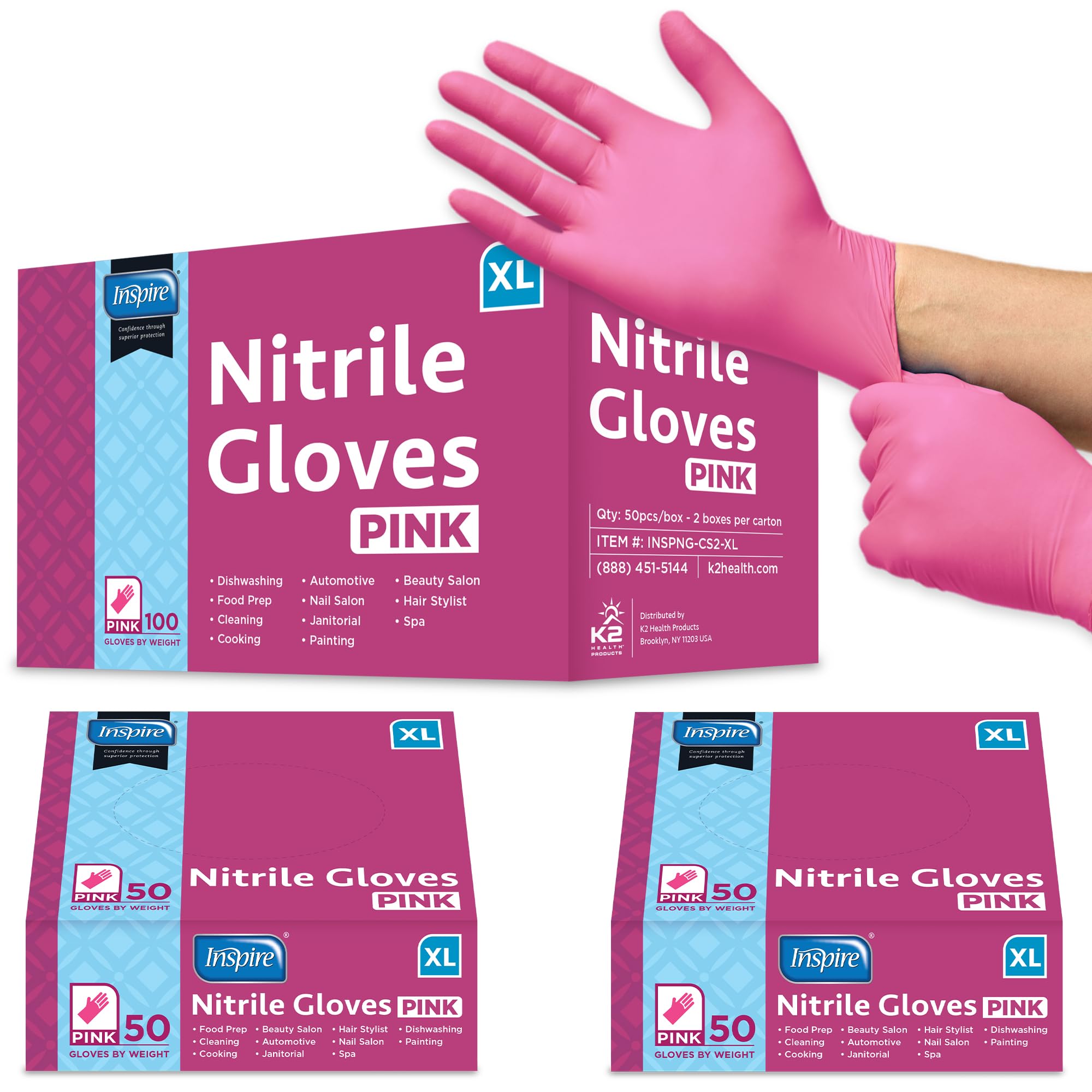 Inspire Pink Gloves Disposable Latex Free 2 Pack Value | Nitrile Pink Gloves Nail Salon and Hair Dye Gloves | Esthetician Nitrile Disposable Gloves | Nitrile gloves Small