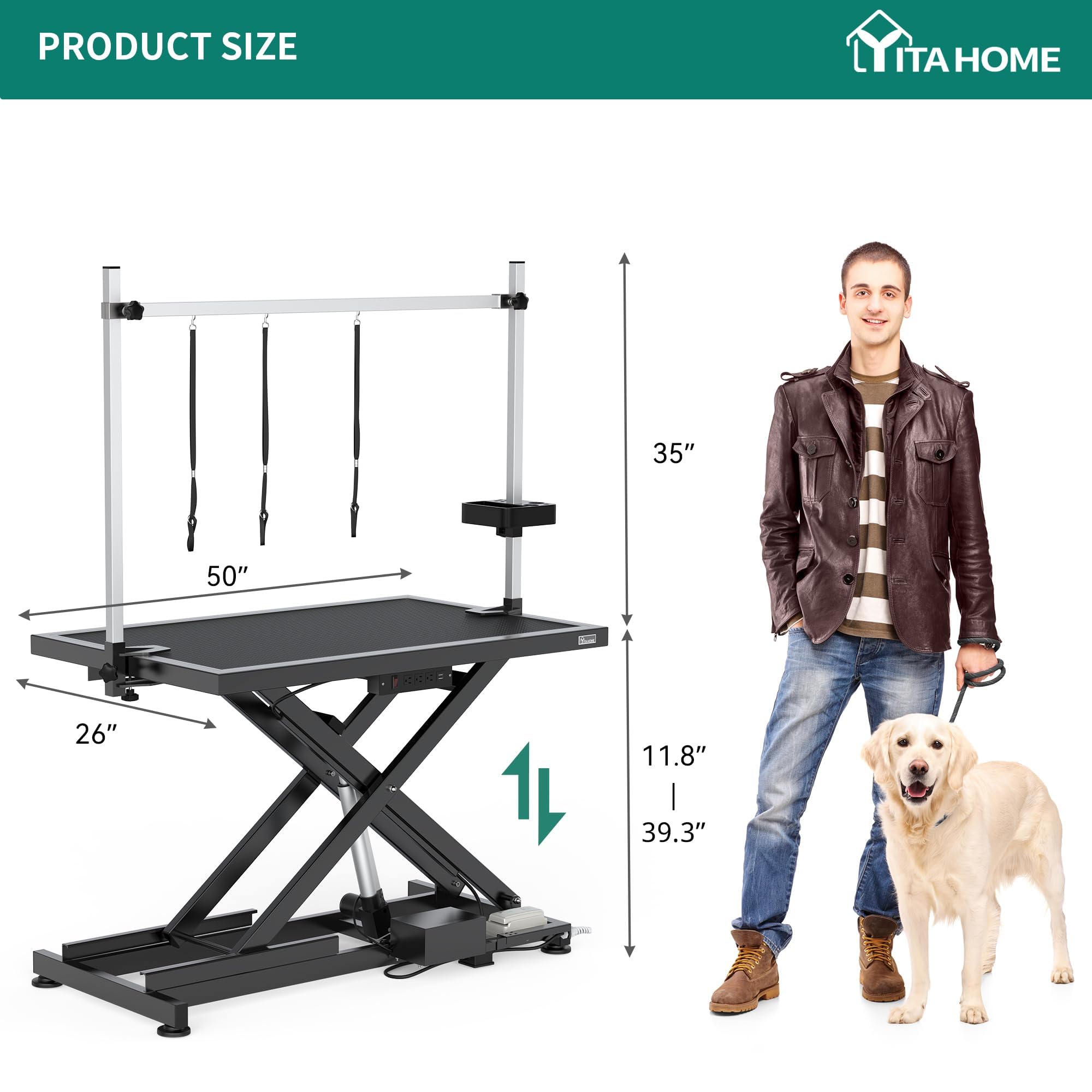 YITAHOME 50" Professional Electric Dog Grooming Table, Heavy Duty Pet Grooming Table for Dogs at Home w/Aluminum Dog Grooming Arm, Anti Slip Tabletop & Tool Organizer Large Pet Grooming Station Black