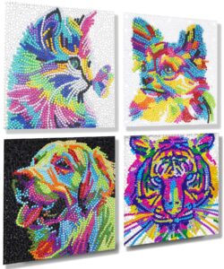 ayuqejus diamond art kits for kids,4 pack diamond art for kids, arts & crafts for kids ages 8-12,gem art 5.9" x 5.9" (cat tiger dog)