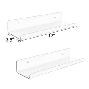 ROYALITA Small Acrylic Shelves Wall Mounted | Set of 2 | 12 Inches | Wall Hanging Bookshelf Display Shelves, Room Decor Floating Wall Shelves for Bedroom, Living Room, Office, Clear