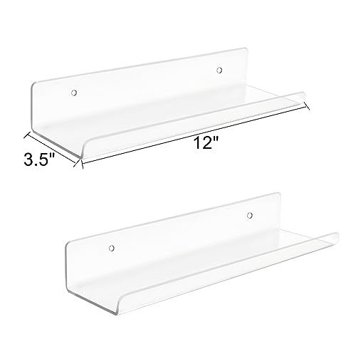 ROYALITA Small Acrylic Shelves Wall Mounted | Set of 2 | 12 Inches | Wall Hanging Bookshelf Display Shelves, Room Decor Floating Wall Shelves for Bedroom, Living Room, Office, Clear