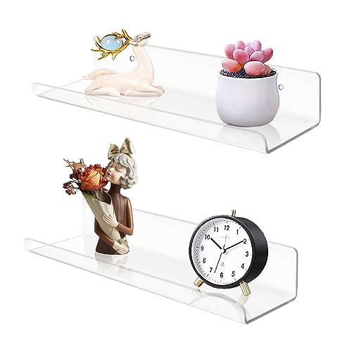 ROYALITA Small Acrylic Shelves Wall Mounted | Set of 2 | 12 Inches | Wall Hanging Bookshelf Display Shelves, Room Decor Floating Wall Shelves for Bedroom, Living Room, Office, Clear