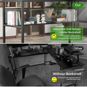 Unikito L Shaped Desk with Magic Power Outlets and Smart Strip Light, Reversible 55 Inch Corner Computer Desk with Monitor Stand, Unique Grid Design, Office Table with Storage Shelves, Rustic Brown