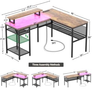 Unikito L Shaped Desk with Magic Power Outlets and Smart Strip Light, Reversible 55 Inch Corner Computer Desk with Monitor Stand, Unique Grid Design, Office Table with Storage Shelves, Rustic Brown