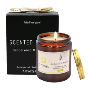 ttrwin sandalwood & patchouli scented candle, 50h long burning, 200g natural soy wax, wood fragrance glass jar candle, aromatherapy gift for mother's day, housewarming