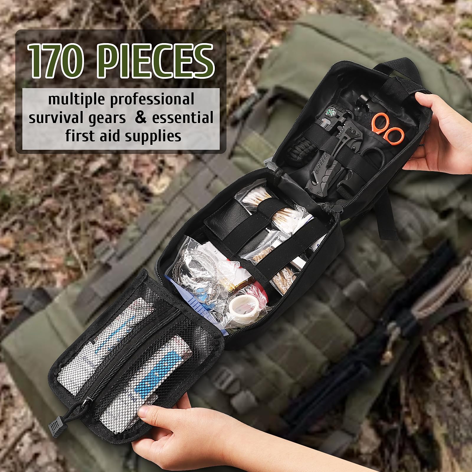 ABPIR Survival First Aid Kit, 170 PCS Survival Kits,Trauma Kit with Essential Survival Gear Emergency Medical Supplies for Hiking Camping Backpacking Outdoor Adventure, Gifts for Christmas Him Dad Men