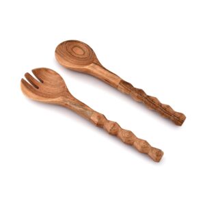 NIRMAN Acacia Wood Cooking Spoons Set of 2 of Salad Mixing Dinner Fork and Spoon Home Kitchen Food Mixing Utensil Set (11.5" x 3" x 0.75")