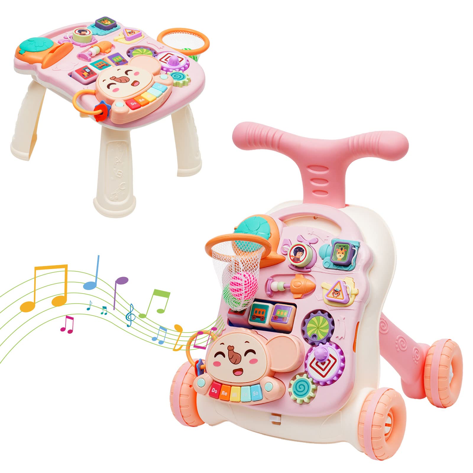 Sit-to-Stand Learning Walker Kids Activity Center Baby Walker Entertainment Table Steering Wheel Educational Push Toy for Babies Toddlers