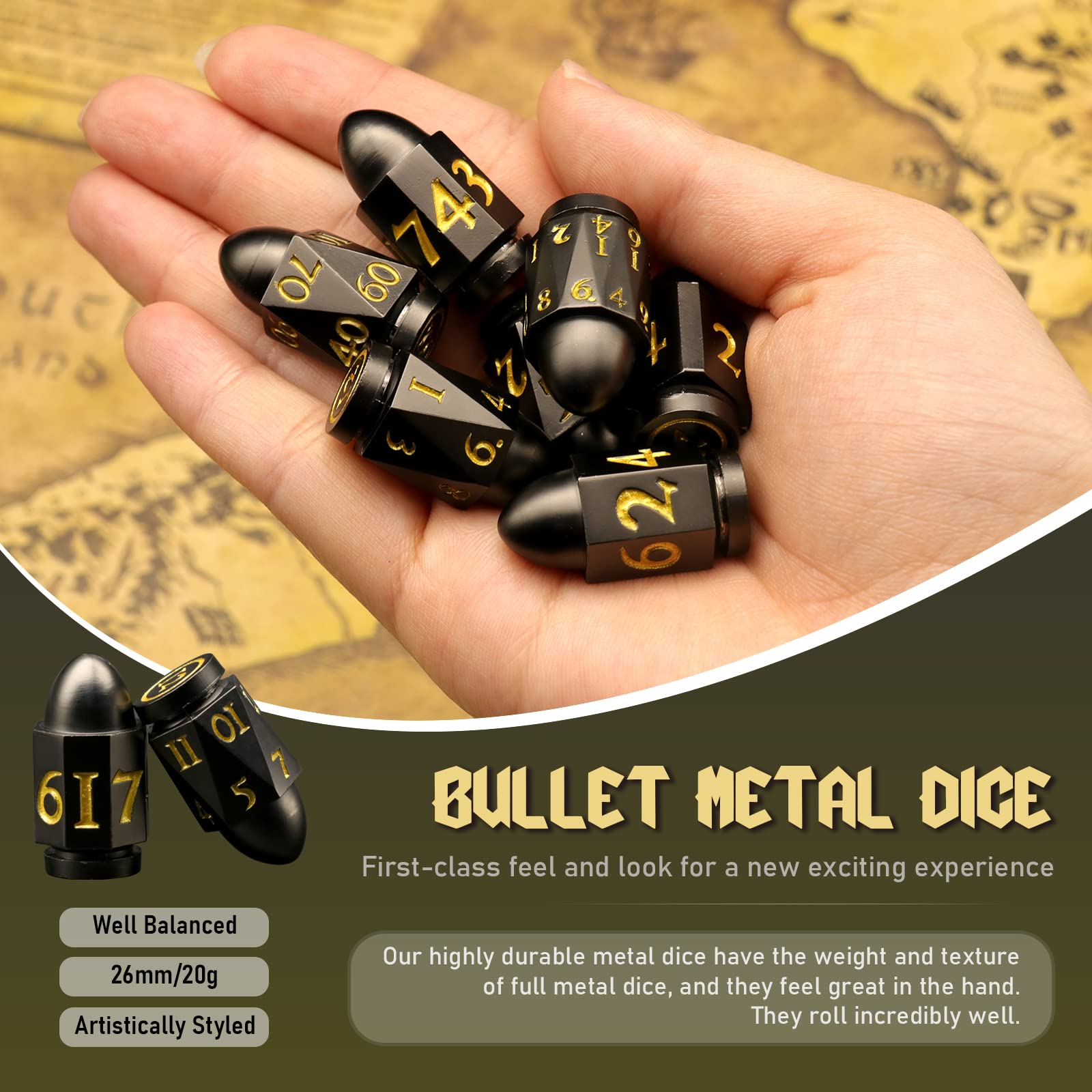 Bullet Dice Set Revolver, DND Dice Metal, ZHOORQI Gun Dice Set D and D Dice Gifts for Dungeons and Dragons, Pathfinder, Warhammer 40k, D&D, or Theme Tabletop Games（7Bullet-Black Gold）