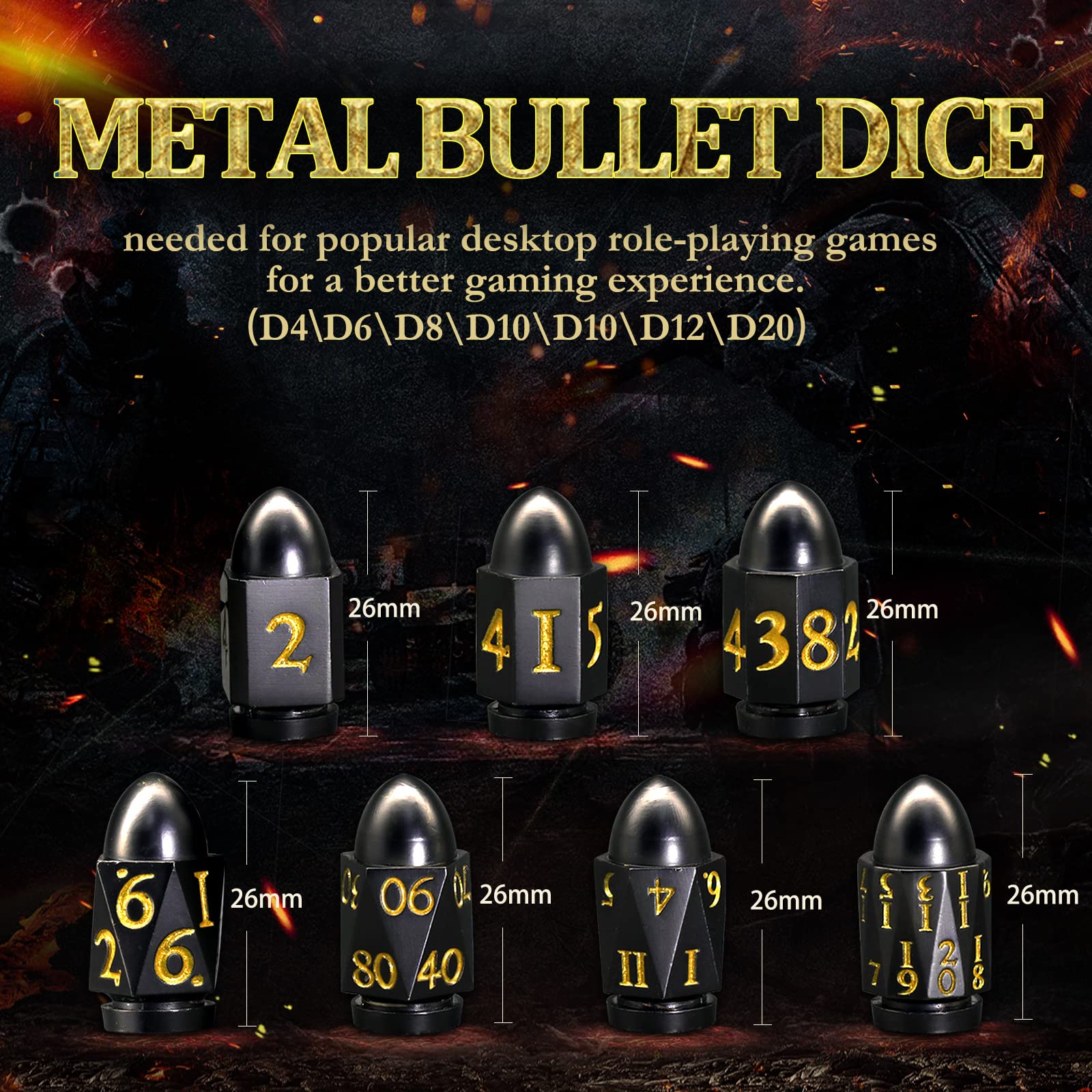 Bullet Dice Set Revolver, DND Dice Metal, ZHOORQI Gun Dice Set D and D Dice Gifts for Dungeons and Dragons, Pathfinder, Warhammer 40k, D&D, or Theme Tabletop Games（7Bullet-Black Gold）