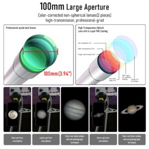 Telescope,100mm Aperture 900mm FL w/Star-Finding System for iOS/Android, Metal AZ w/high-Precision Adjustment, Telescope for Adults high Powered, Ideal for Astronomy Enthusiasts/Beginners/Kids,White