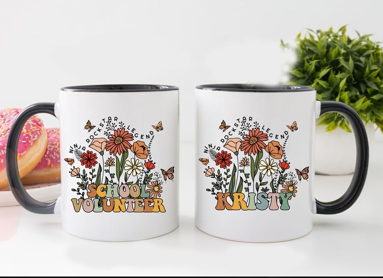 Personalized School Volunteer Week Gift School PTO PTA Travel Mug Flowers for Women Personalized Insulated Cup School Staff Appreciation Day Employee Custom Name Mug Occupation Accent White Mug