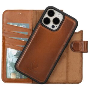 venoult magnetic detachable wallet case for iphone 15 pro max, man or women folio cover, genuine leather, compatible with magsafe wireless charge, rfid - chestnut brown