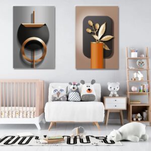 2pcs stereoscopic 3D effect pattern black copper geometric canvas print home décor abstract wall art Nordic luxury living room picture print Modern artwork shape black gold gray Living room bedroom