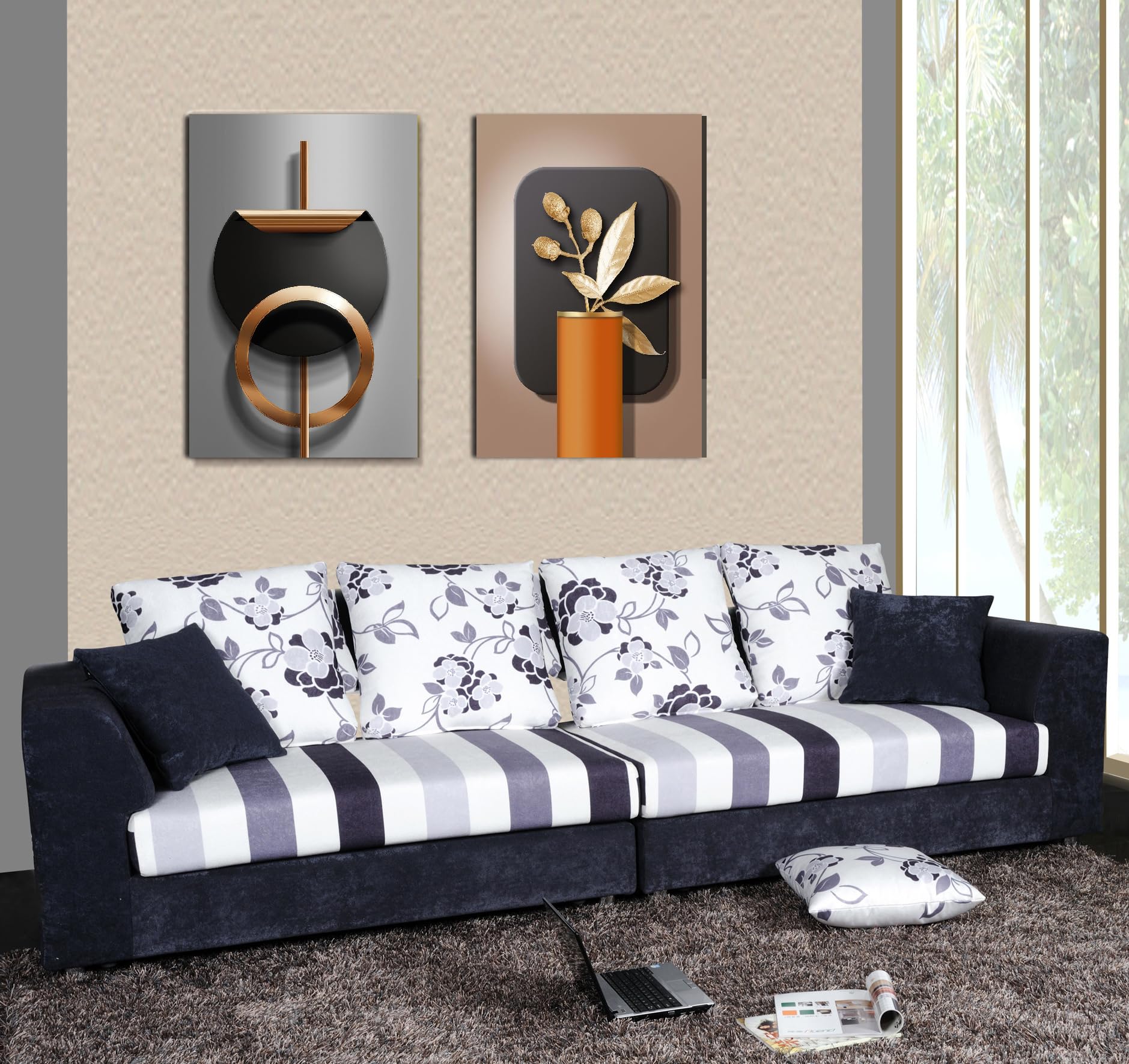 2pcs stereoscopic 3D effect pattern black copper geometric canvas print home décor abstract wall art Nordic luxury living room picture print Modern artwork shape black gold gray Living room bedroom