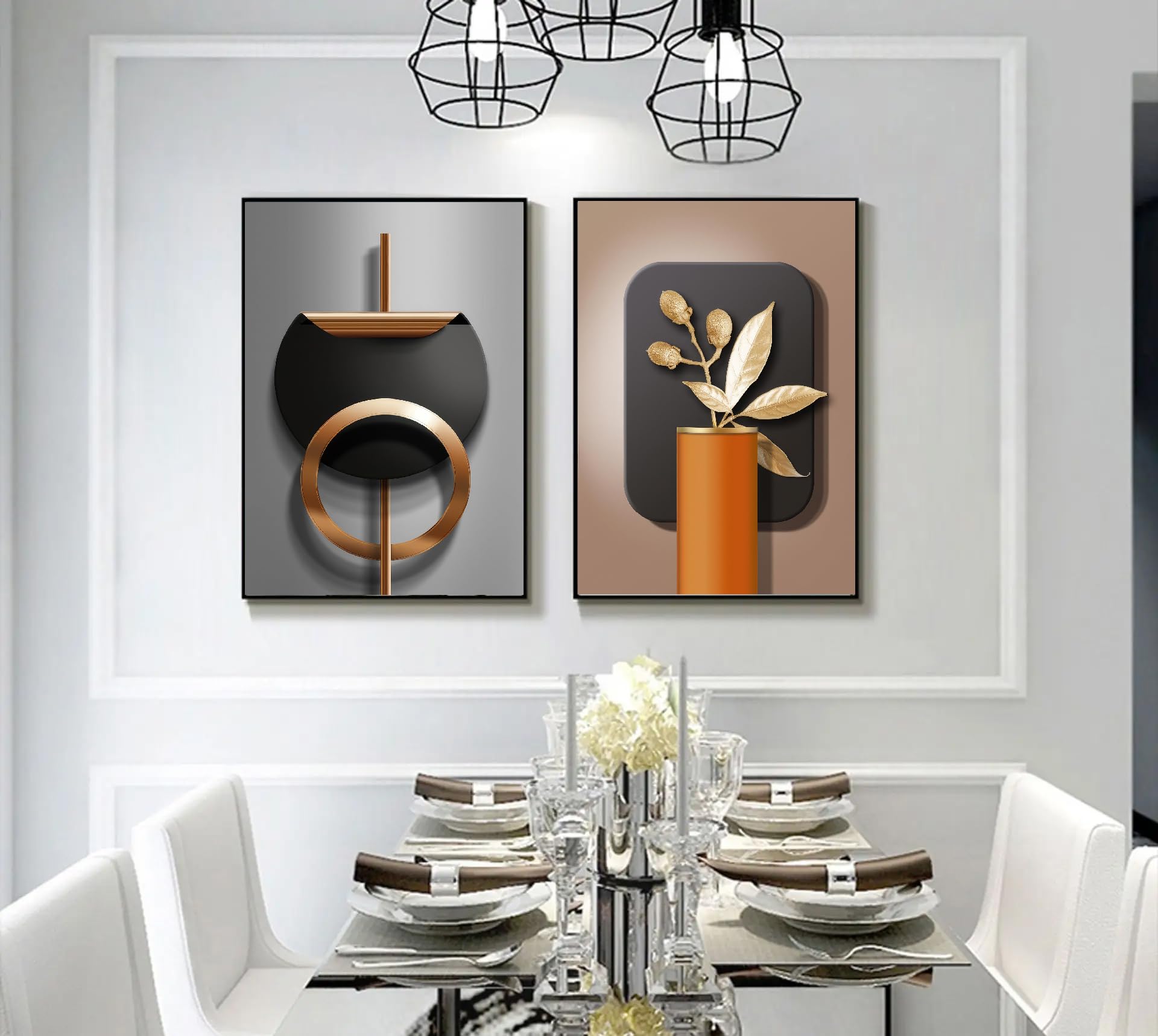 2pcs stereoscopic 3D effect pattern black copper geometric canvas print home décor abstract wall art Nordic luxury living room picture print Modern artwork shape black gold gray Living room bedroom