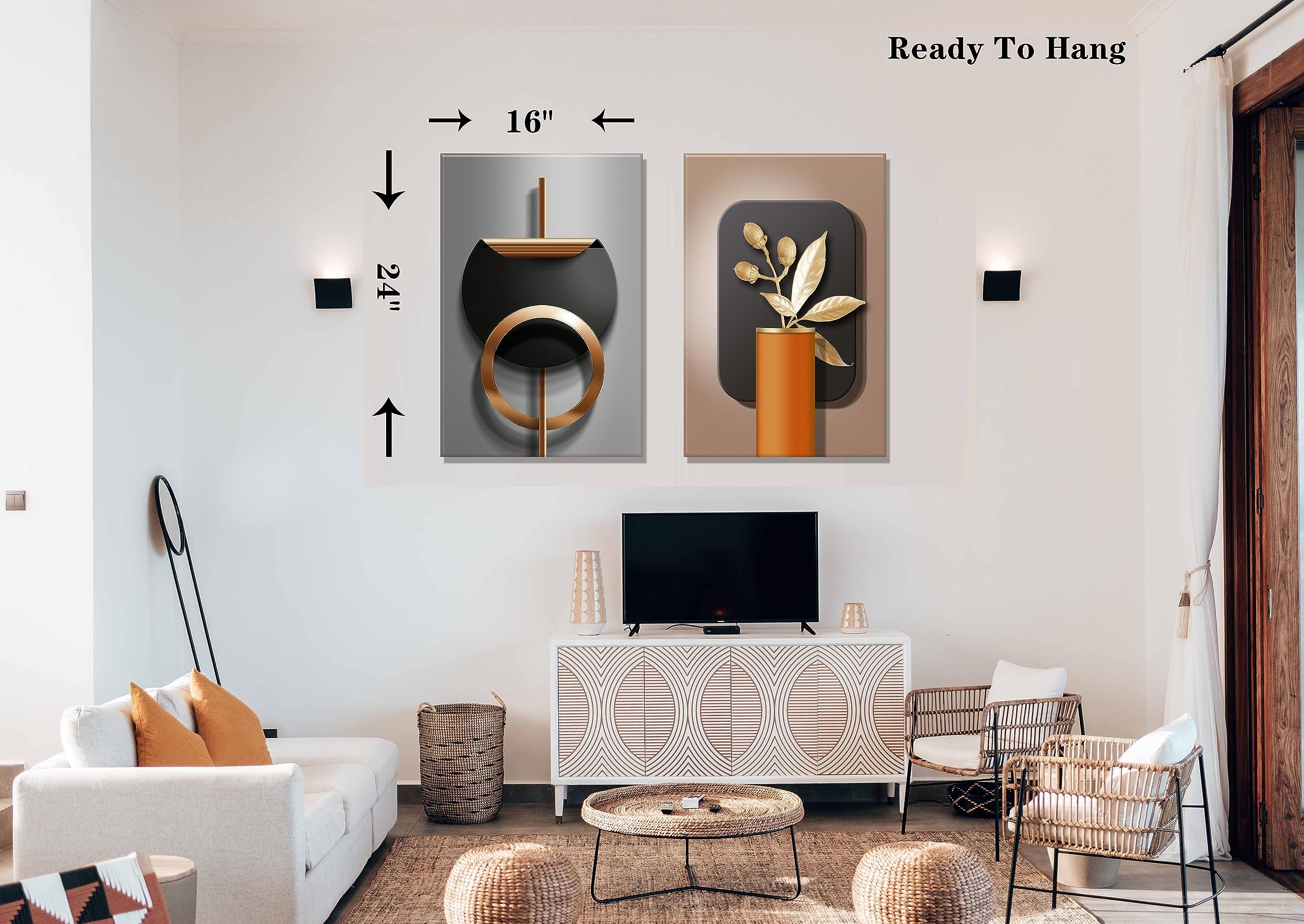 2pcs stereoscopic 3D effect pattern black copper geometric canvas print home décor abstract wall art Nordic luxury living room picture print Modern artwork shape black gold gray Living room bedroom