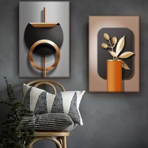 2pcs stereoscopic 3D effect pattern black copper geometric canvas print home décor abstract wall art Nordic luxury living room picture print Modern artwork shape black gold gray Living room bedroom