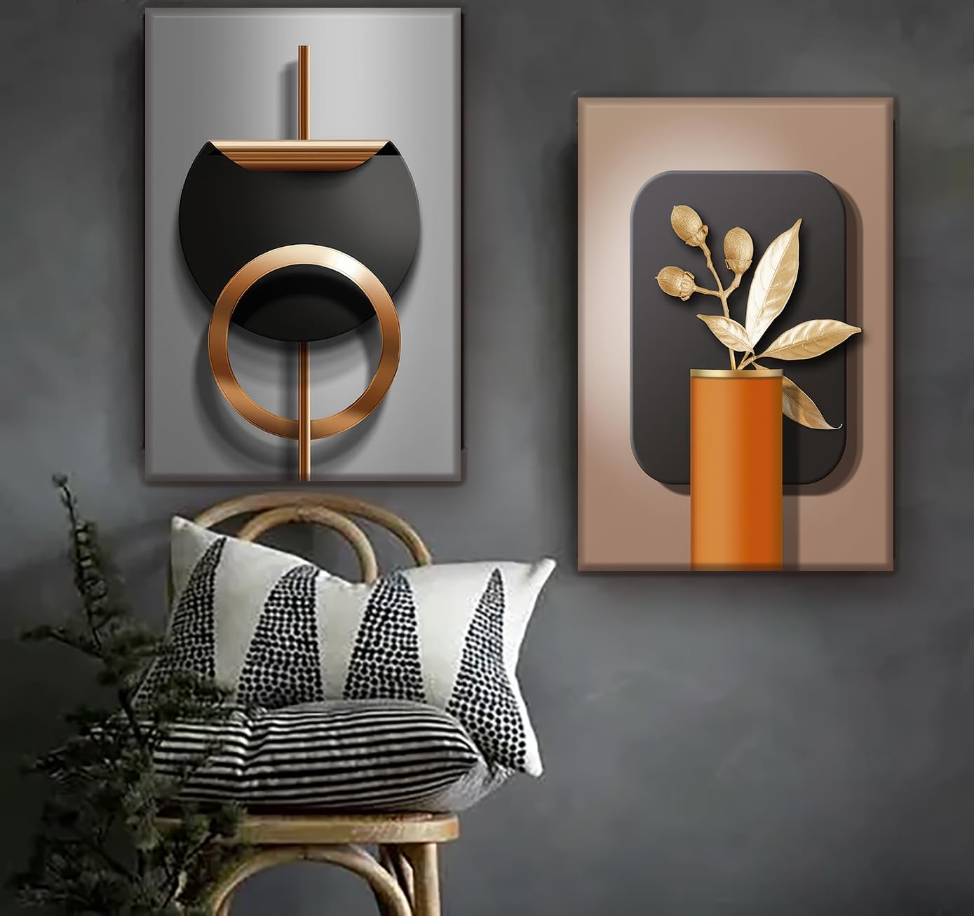 2pcs stereoscopic 3D effect pattern black copper geometric canvas print home décor abstract wall art Nordic luxury living room picture print Modern artwork shape black gold gray Living room bedroom