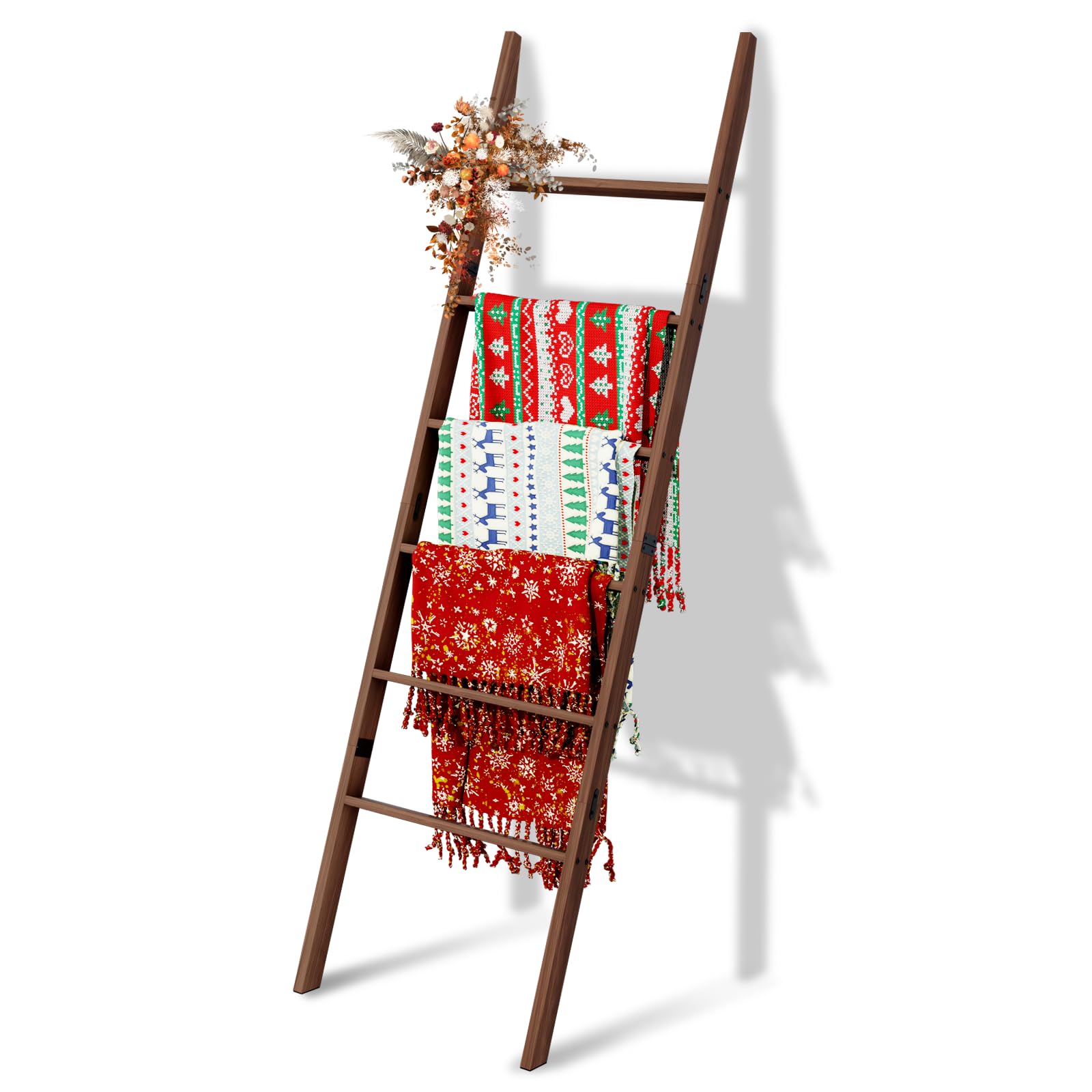 6-Tier Blanket Ladder Wooden, 5.7FT(66.5'') Blanket Quilt Towel Holder Rack Decorative Ladder, Easy Assembly, Rustic Farmhouse Ladder Shelf for The Living Room Bedroom Bathroom Home Decor, Brown