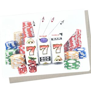 casino greeting card for all occasions (7x5 inches, blank inside) for a birthday, retirement or a las vegas trip: poker, blackjack, slot machines and craps themed - 212