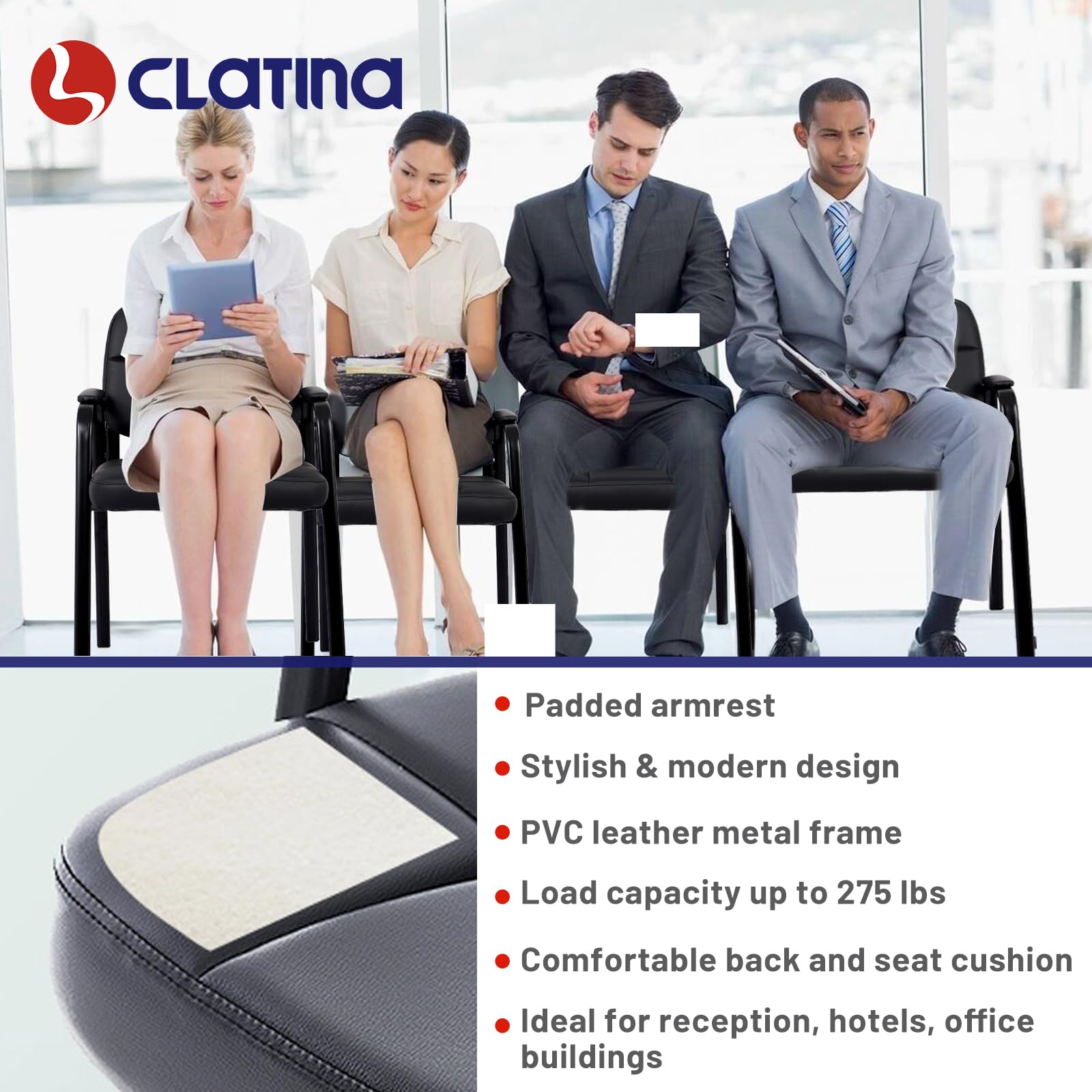 CLATINA Guest Reception Chair, Conference Room Chairs Waiting Room Chairs with Padded Arms Desk Chair No Wheels Leather Office Chair for Office, Office Guest Chairs & Reception Chairs, Set of 1