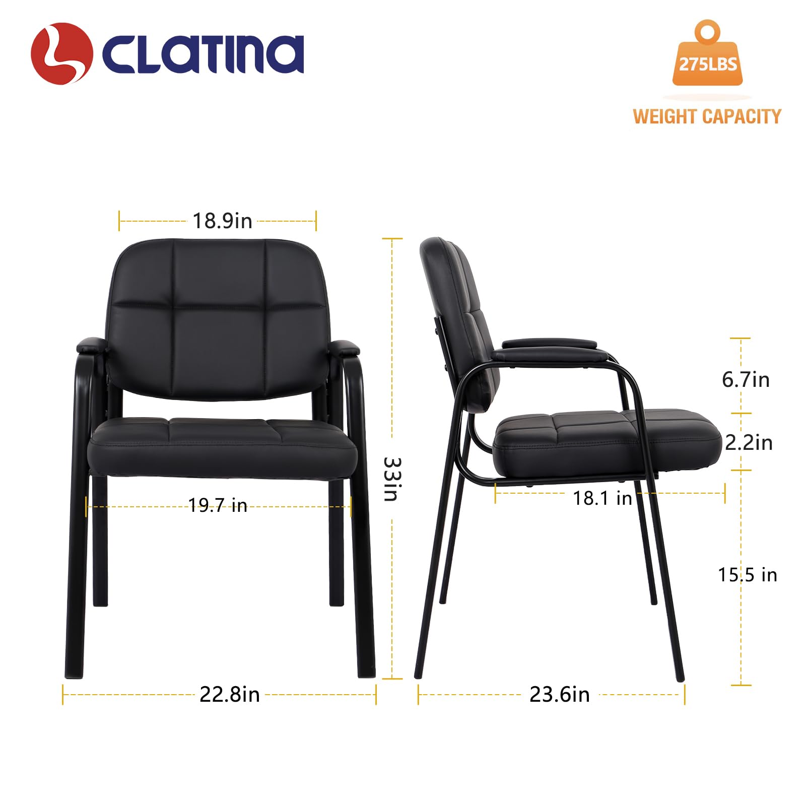 CLATINA Guest Reception Chair, Conference Room Chairs Waiting Room Chairs with Padded Arms Desk Chair No Wheels Leather Office Chair for Office, Office Guest Chairs & Reception Chairs, Set of 1