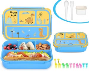 sunhanny lunch box kids, bento lunch box for girls boys school, lunch containers for adults kids with 4 compartments, sauce container, utensils, food picks and muffin cups, blue dinosaur