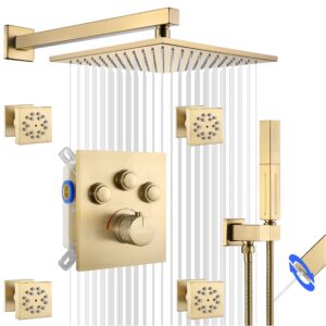 shoyela thermostatic shower system with 4pcs body jets brushed gold, push button diverter shower faucet with 2 in 1 handheld, wall mount 10 inch shower head【all functions simultaneous use】