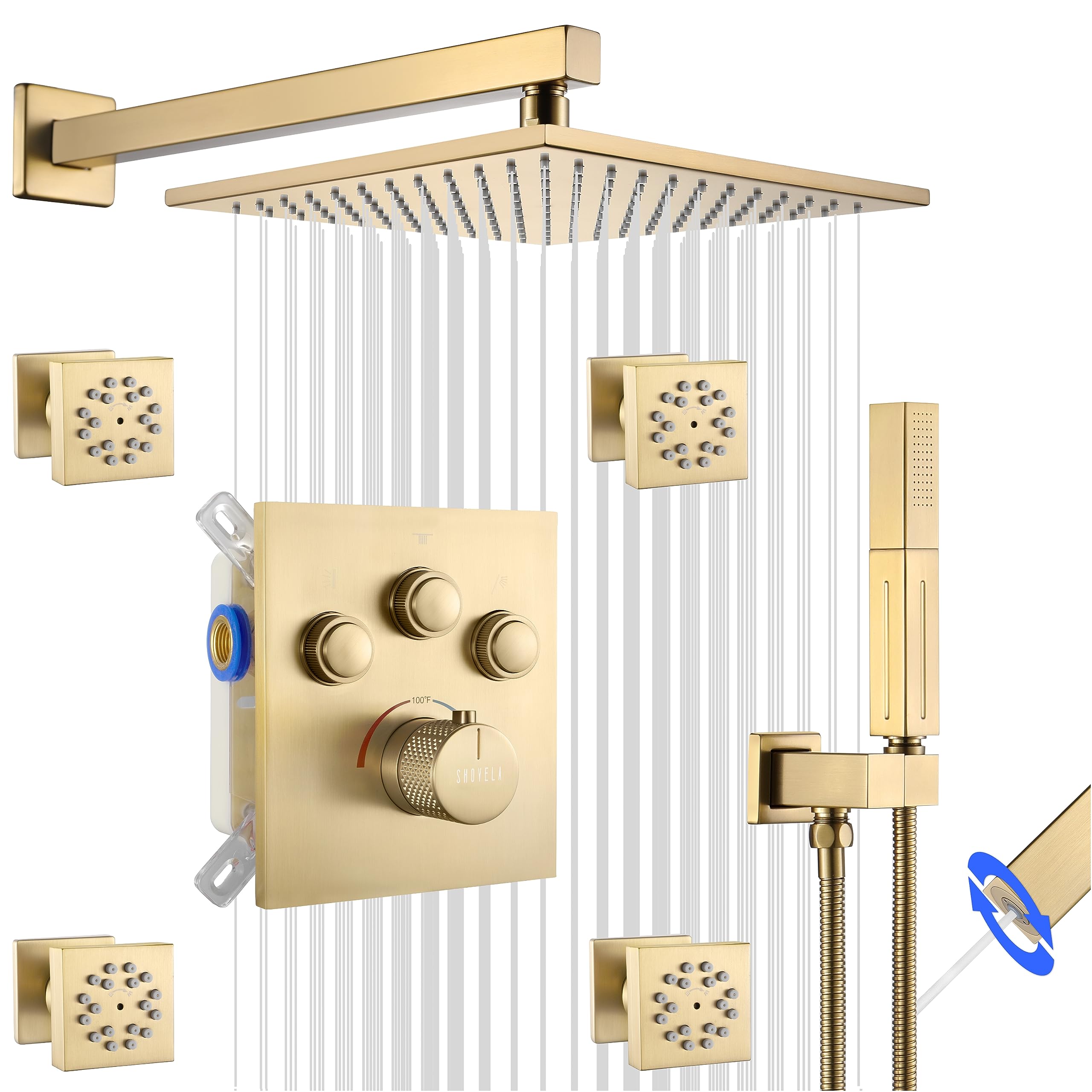 SHOYELA Thermostatic Shower System with 4PCS Body Jets Brushed Gold, Push Button Diverter Shower Faucet with 2 in 1 Handheld, Wall Mount 10 Inch Shower Head【All Functions Simultaneous Use】