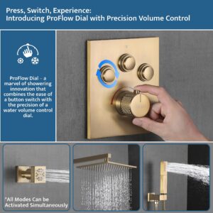 SHOYELA Thermostatic Shower System with 4PCS Body Jets Brushed Gold, Push Button Diverter Shower Faucet with 2 in 1 Handheld, Wall Mount 10 Inch Shower Head【All Functions Simultaneous Use】