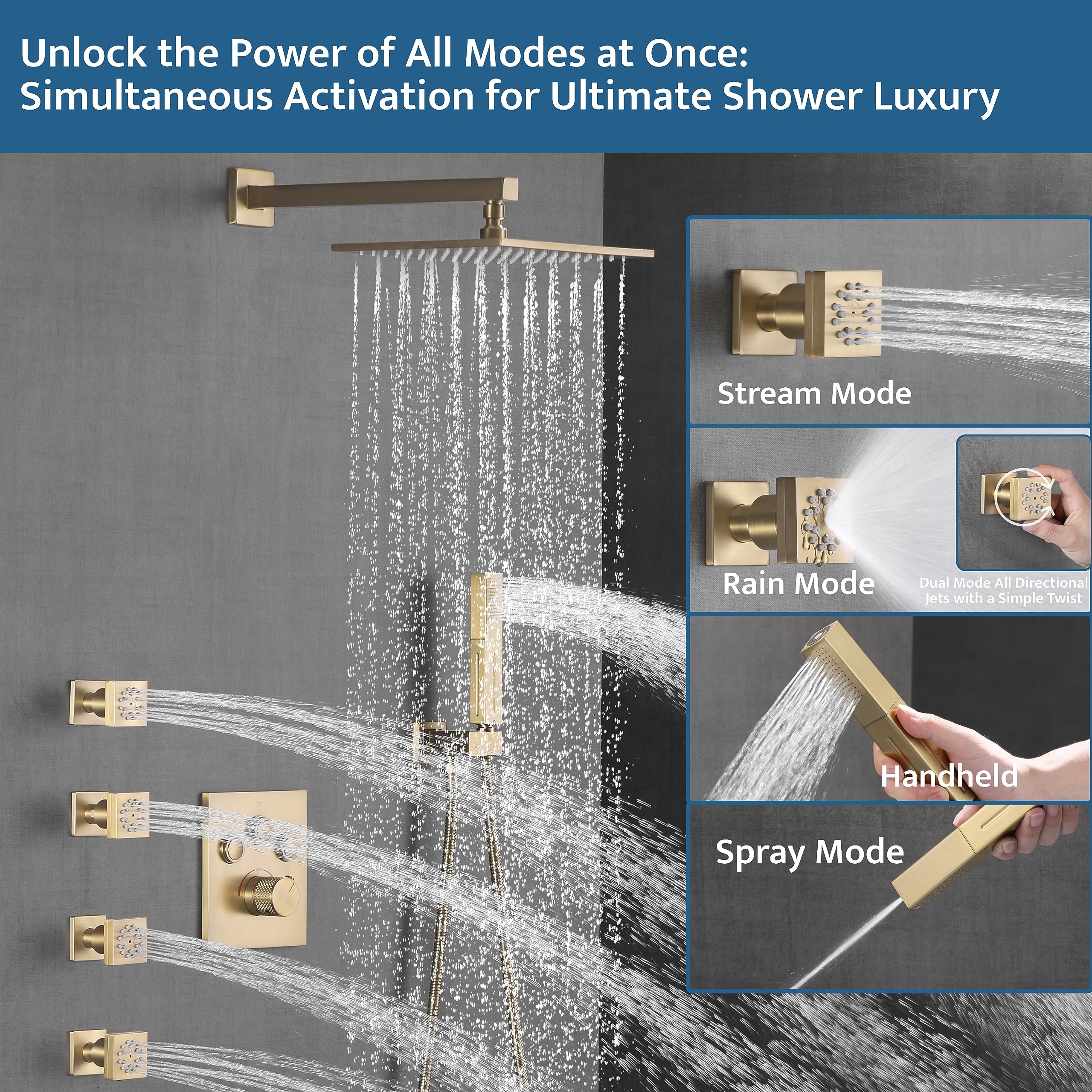 SHOYELA Thermostatic Shower System with 4PCS Body Jets Brushed Gold, Push Button Diverter Shower Faucet with 2 in 1 Handheld, Wall Mount 10 Inch Shower Head【All Functions Simultaneous Use】