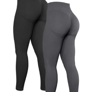 OQQ Women's 2 Piece High Waist Workout Butt Lifting Leggings Tummy Control Ruched Booty Smile Yoga Pants Black Darkgrey