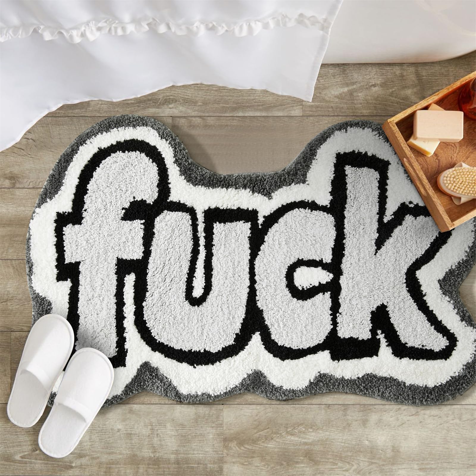 RoomTalks Funny Cute 2x3 Rugs for Bedroom Bathroom Dorm Kitchen Non Slip Machine Washable, Black White Gray Swear Words Funny Funky Cool Small Area Rug Fluffy Shaggy Bedside Accent Rug