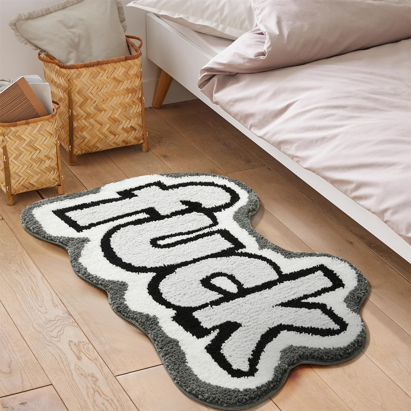 RoomTalks Funny Cute 2x3 Rugs for Bedroom Bathroom Dorm Kitchen Non Slip Machine Washable, Black White Gray Swear Words Funny Funky Cool Small Area Rug Fluffy Shaggy Bedside Accent Rug