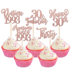 30 pcs happy 30th birthday cupcake toppers glitter thirty 30 fabulous vintage 1993 cupcake picks cheers to 30 years cake decorations for 30th birthday anniversary party supplies rose gold