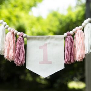 pink 1st birthday high chair banner - first birthday decorations for girl's 1st birthday, blush pink cake smash garland, boho 1st birthday decor, 1st birthday tassel banner, 1st birthday photo booth