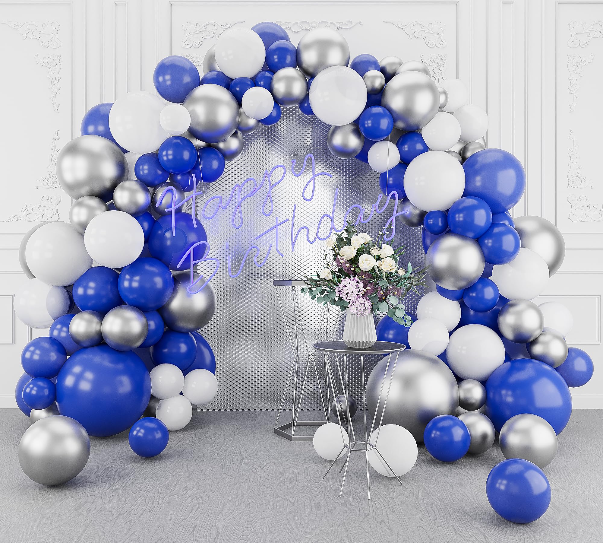 Dark Blue White Silver Balloons Arch Garland Kit-143Pcs Blue Balloon for Birthday Anniversary New Years Baby Shower Engagement Wedding Retirement Party Decoration