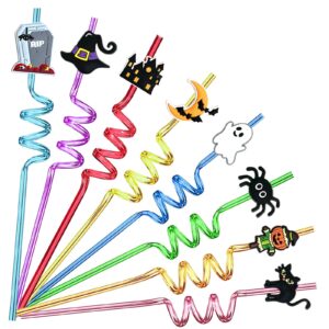 tuwuna halloween party favors 24pcs pumpkin ghost spider bat cat halloween theme straws for kids halloween party supplies decorations with 2 cleaning brushes