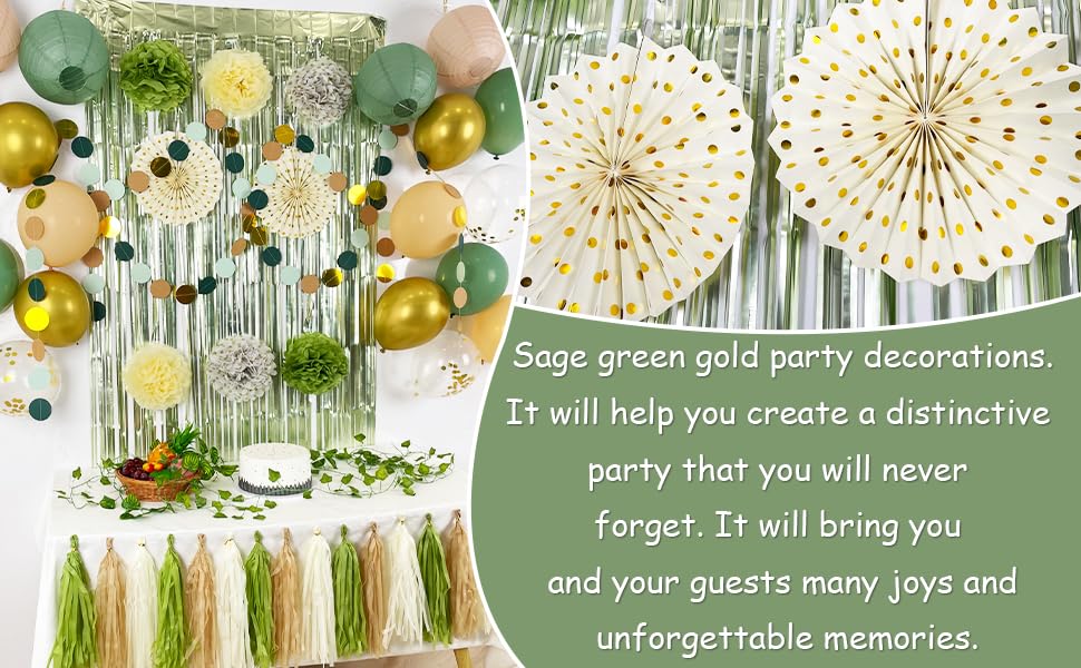 Sage Green Gold Party Decorations, 45Pcs Kit Balloons Paper Pompoms Tassel Garland Fringe Curtain for Wedding Bachelorette Baby Shower Birthday Party