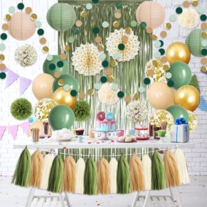 Sage Green Gold Party Decorations, 45Pcs Kit Balloons Paper Pompoms Tassel Garland Fringe Curtain for Wedding Bachelorette Baby Shower Birthday Party