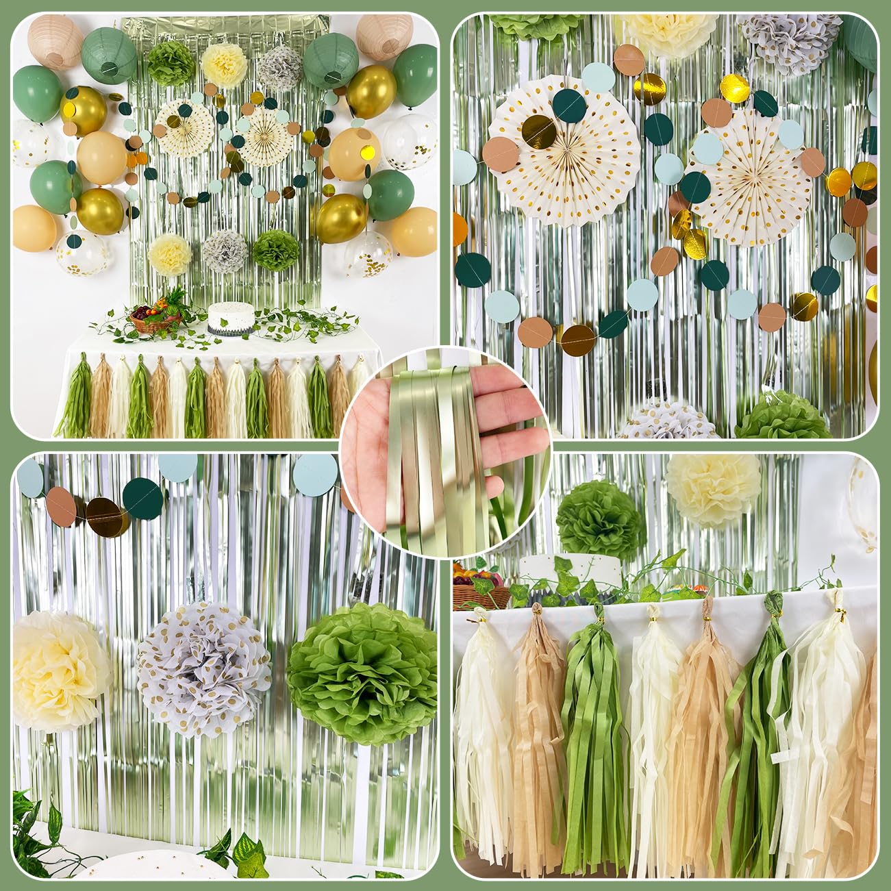 Sage Green Gold Party Decorations, 45Pcs Kit Balloons Paper Pompoms Tassel Garland Fringe Curtain for Wedding Bachelorette Baby Shower Birthday Party