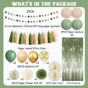 Sage Green Gold Party Decorations, 45Pcs Kit Balloons Paper Pompoms Tassel Garland Fringe Curtain for Wedding Bachelorette Baby Shower Birthday Party