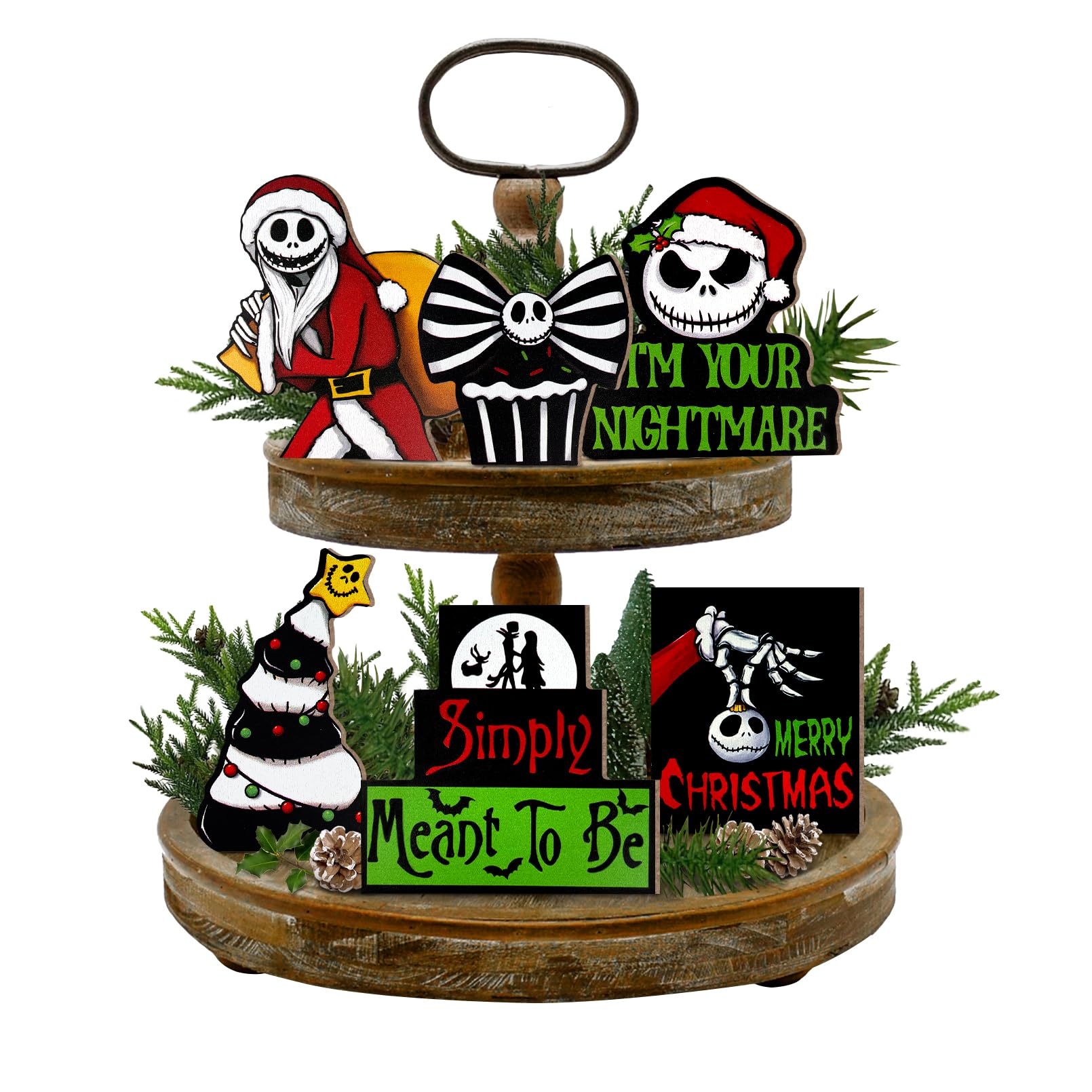 Guoofu Christmas Tiered Tray Decor, Night. mare BE Fore. Xmas Tray Decorations, Jack Skellington Santa Black Christmas Tree Wooden Signs, Rustic Holiday Home Decor for Tabletop Mantel