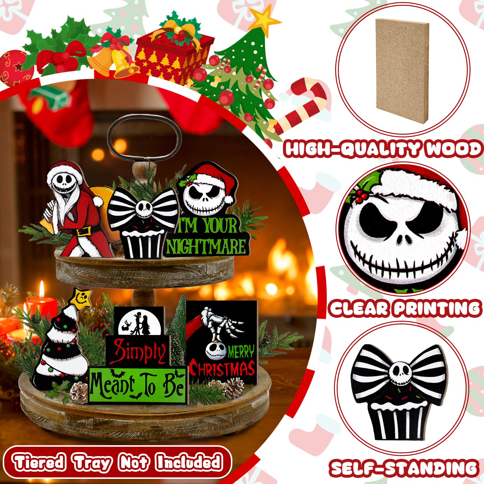 Guoofu Christmas Tiered Tray Decor, Night. mare BE Fore. Xmas Tray Decorations, Jack Skellington Santa Black Christmas Tree Wooden Signs, Rustic Holiday Home Decor for Tabletop Mantel